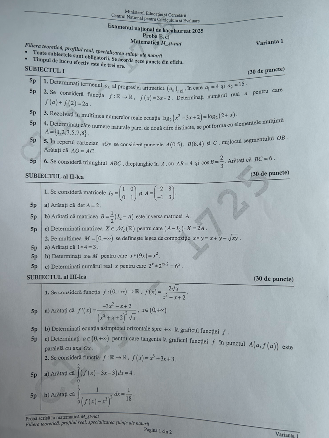Subiecte Matematică Bac 2025 - profilul Științe ale naturii. Ce cerințe ...